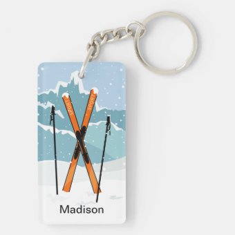 Winter Skiing custom name key chain | Zazzle