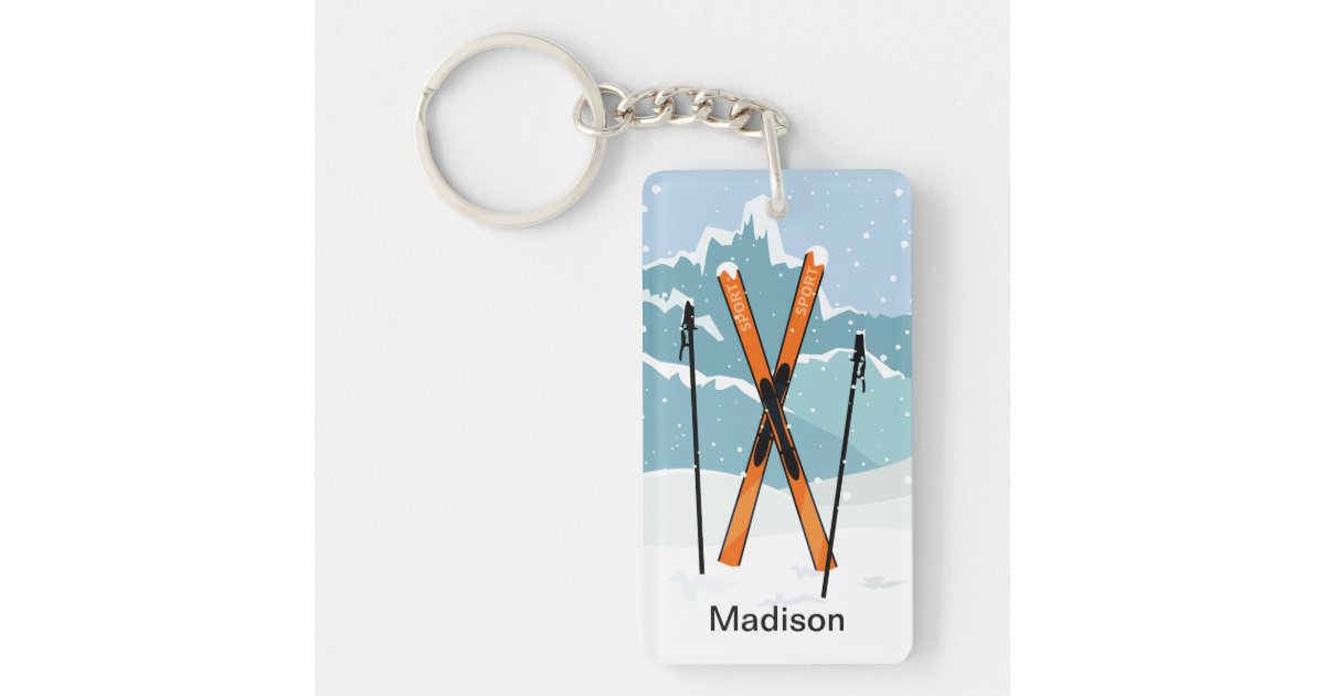 Winter Skiing custom name key chain | Zazzle