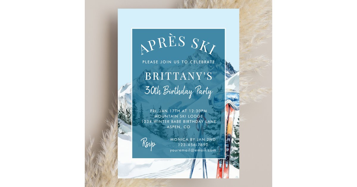 Winter Skiing Watercolor Apres Ski Birthday Party Invitation | Zazzle