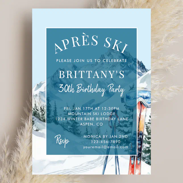 Winter Skiing Watercolor Apres Ski Birthday Party Invitation | Zazzle