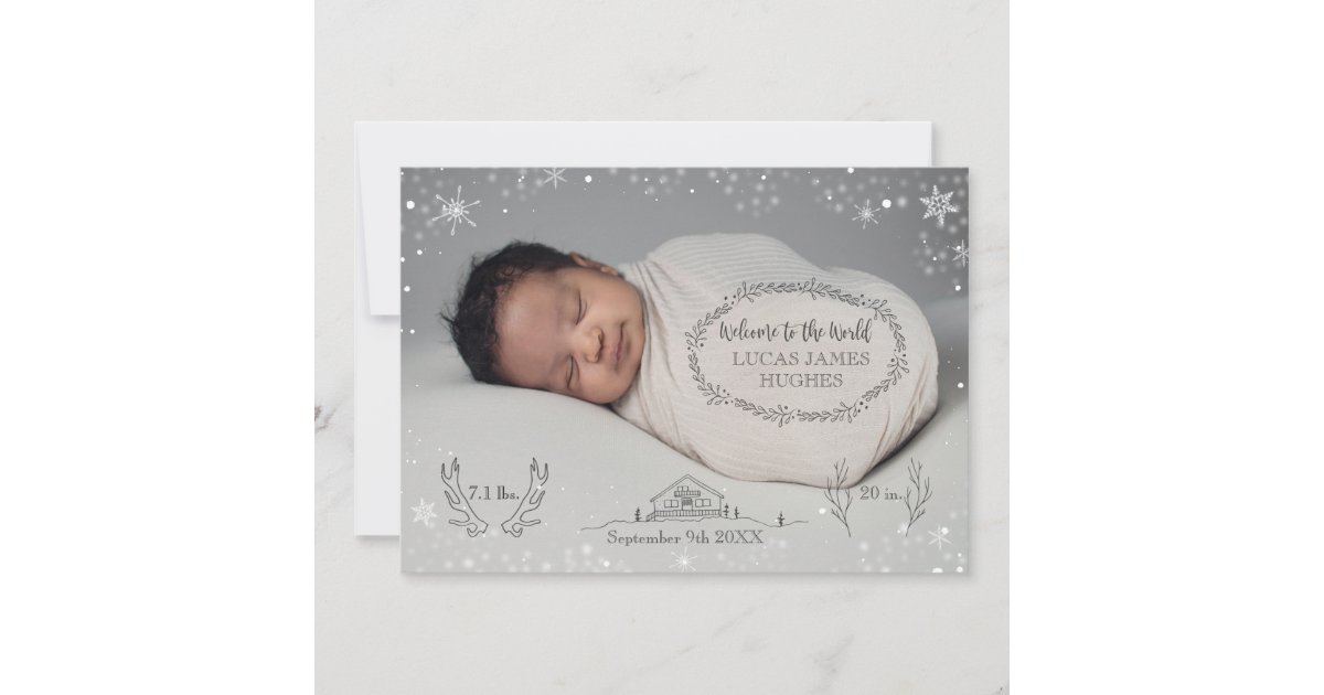 Winter Snow Baby Boy Photo Birth Announcement | Zazzle