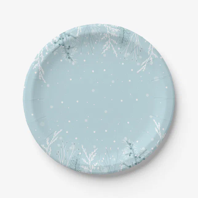 Winter Snow Branch Blue Christmas Holiday Paper Plates | Zazzle