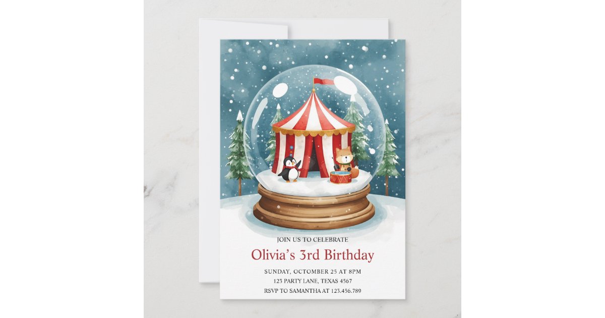 Winter Snow Globe Circus Birthday Invitation | Zazzle