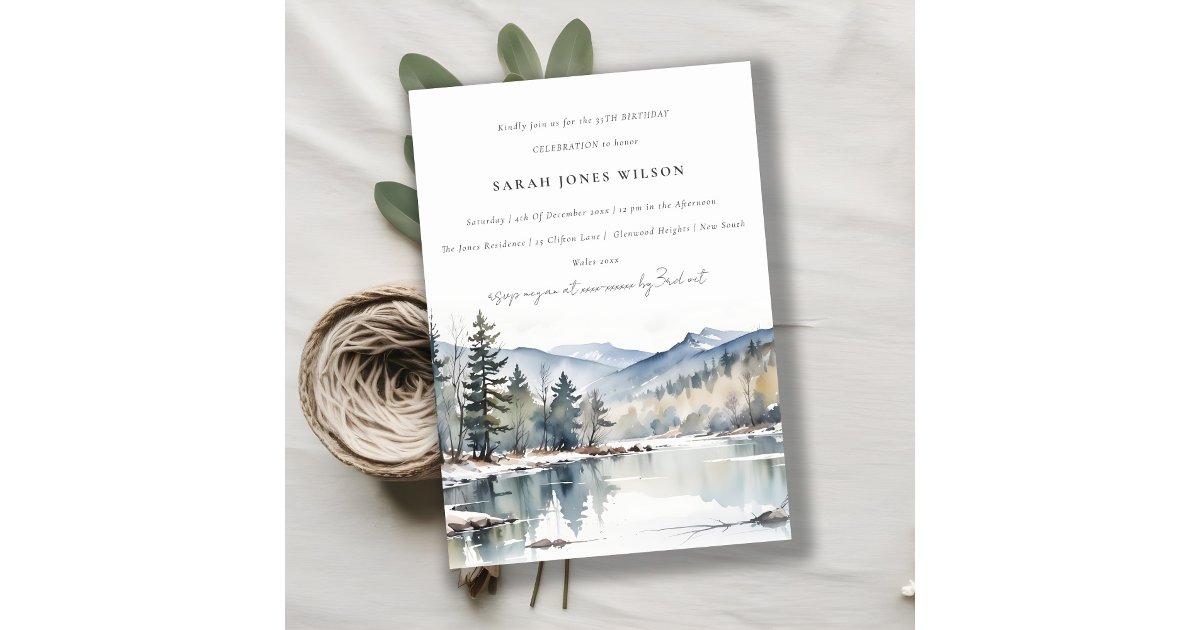 Winter Snow Mountain Lake Landscape Birthday Invitation | Zazzle