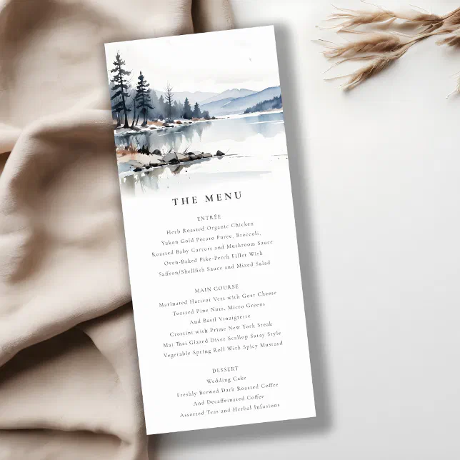 Winter Snow Mountain Lake Landscape Wedding Menu Invitation | Zazzle