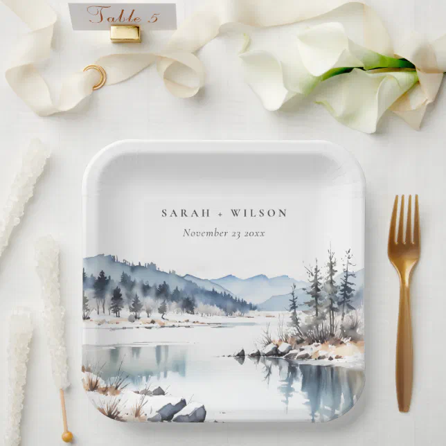 Winter Snow Mountain Lake Landscape Wedding Paper Plates | Zazzle