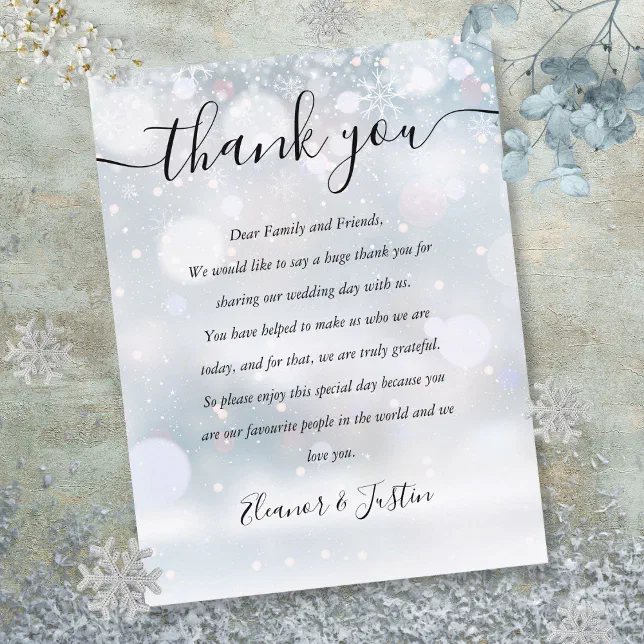 Winter Snow Reception Thank You Place Card | Zazzle
