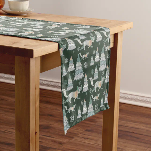 Winter Snow Tree Fox Pattern Short Table Runner | Zazzle