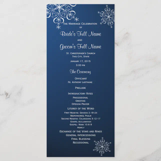 Winter Snowflake Blue Wedding Program | Zazzle