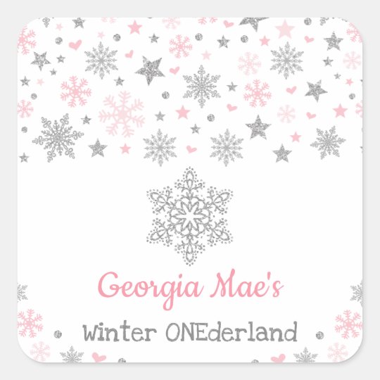 Winter Snowflake Pink Silver Birthday Party Favors Square Sticker ...