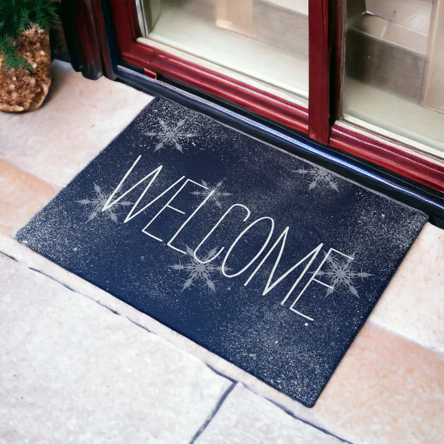 Winter snowflake snow navy blue Christmas Doormat | Zazzle