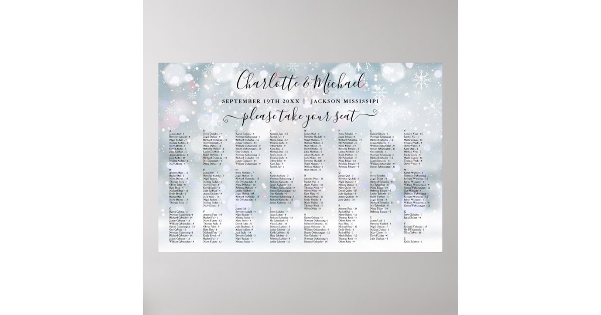 Winter Snowflakes 300 Names Wedding Seating Chart | Zazzle