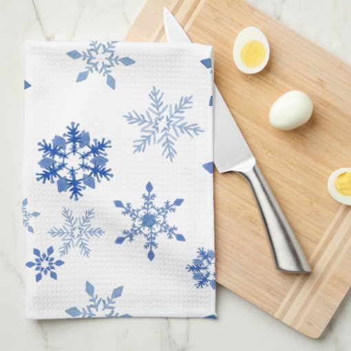 Winter snowflakes blue watercolor kitchen towel | Zazzle