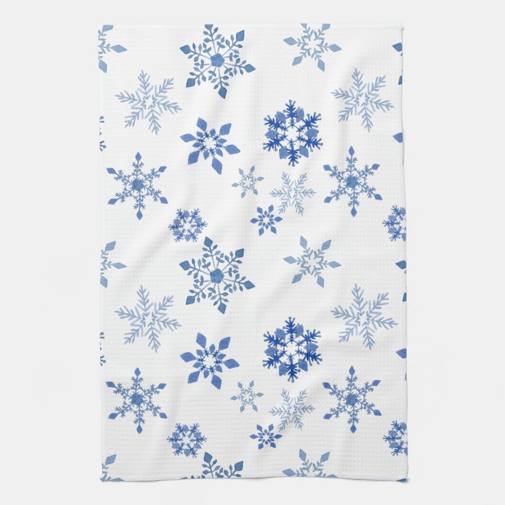 Winter snowflakes blue watercolor kitchen towel | Zazzle