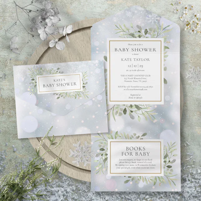 Winter Snowflakes Greenery Foliage Baby Shower All In One Invitation ...