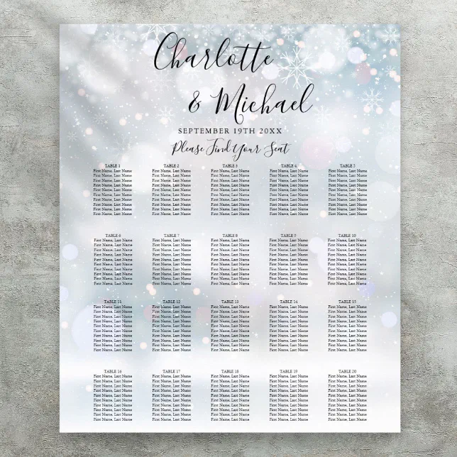 Winter Snowflakes Script Wedding Seating Chart | Zazzle