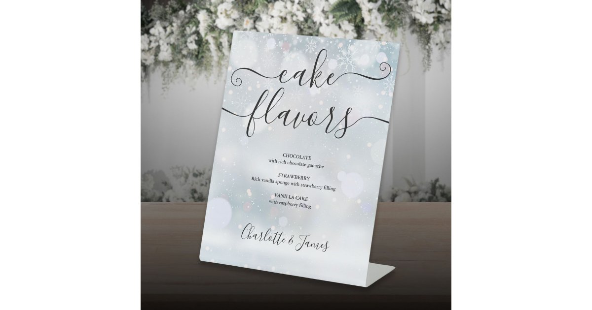 Winter Snowflakes Signature Script Cake Flavors Pedestal Sign | Zazzle
