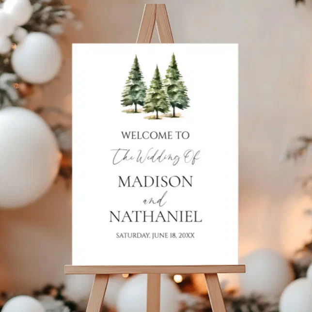 Winter Snowy Pine Tree Wedding Welcome Sign | Zazzle