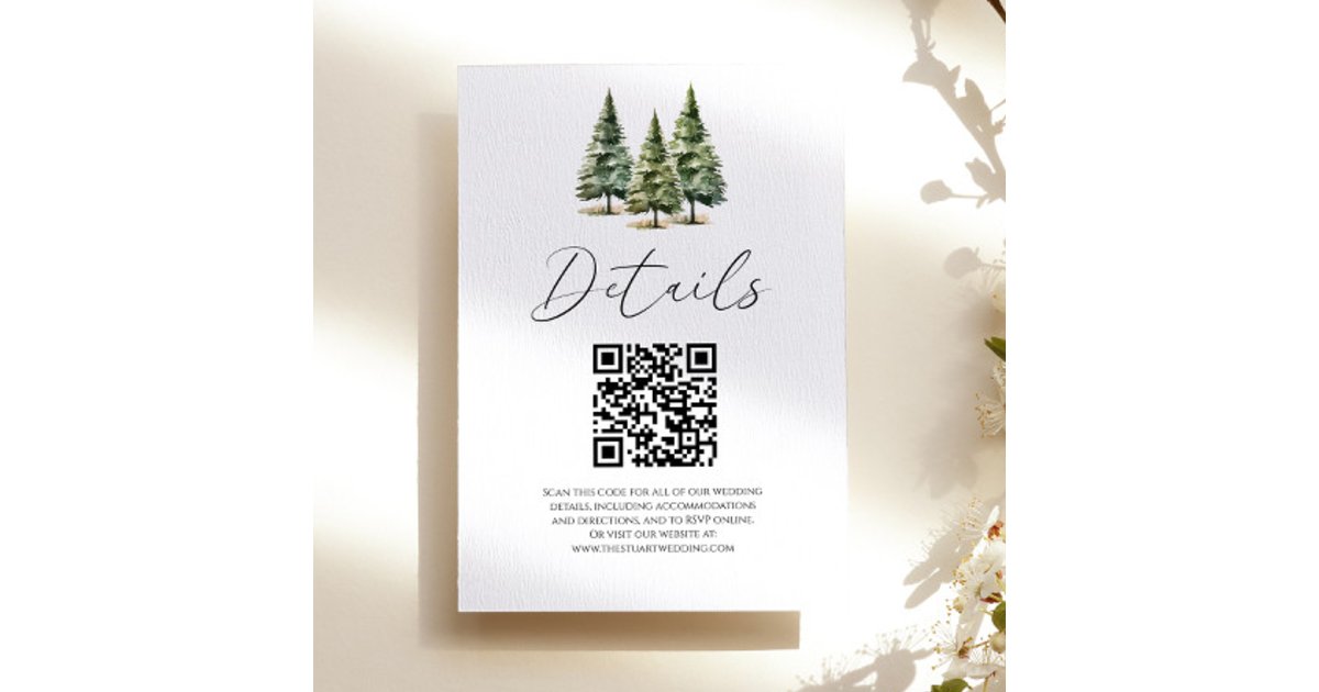 Winter Snowy Pine Trees QR Code Wedding Details Enclosure Card | Zazzle
