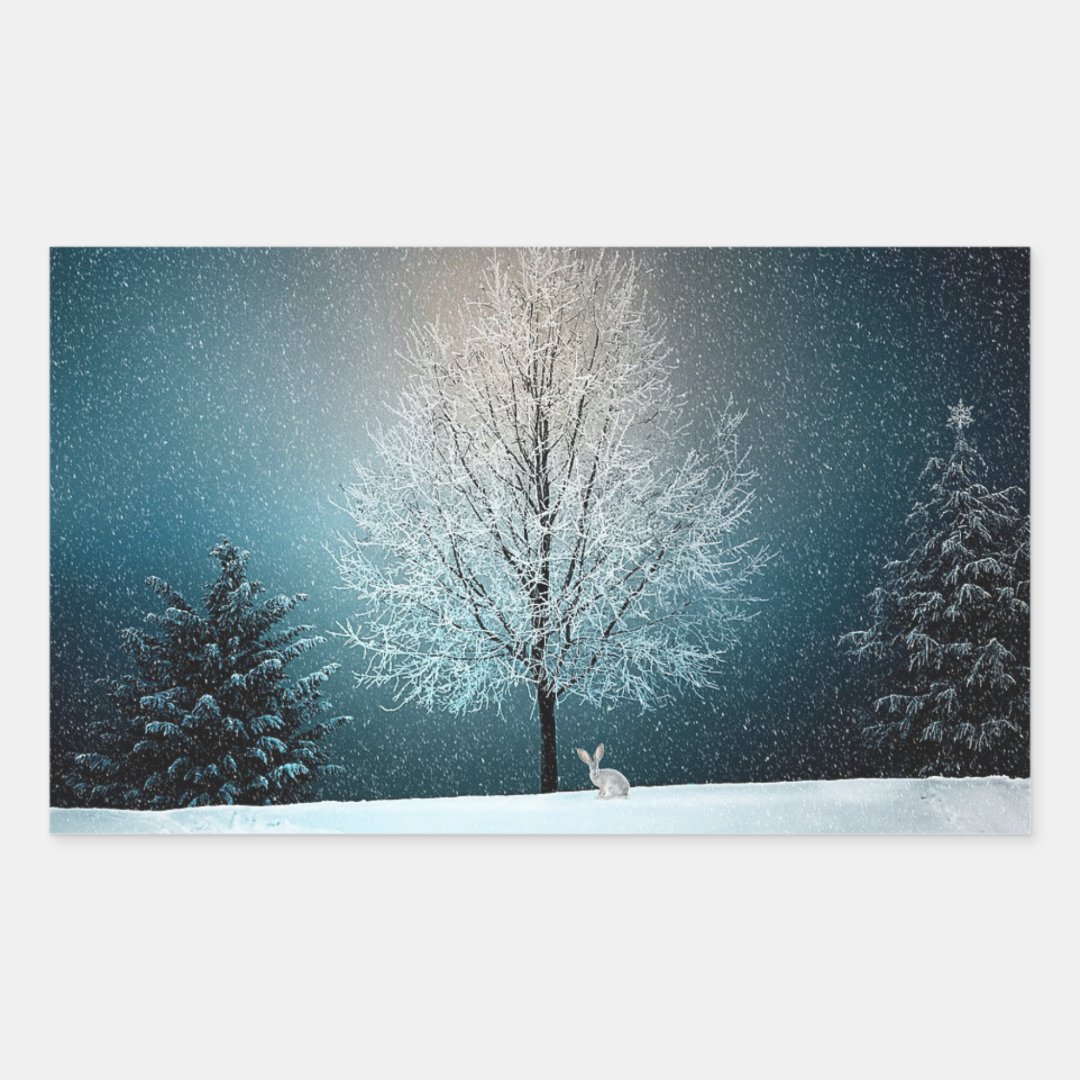 Winter Snowy Trees and Bunny Holiday Stickers | Zazzle