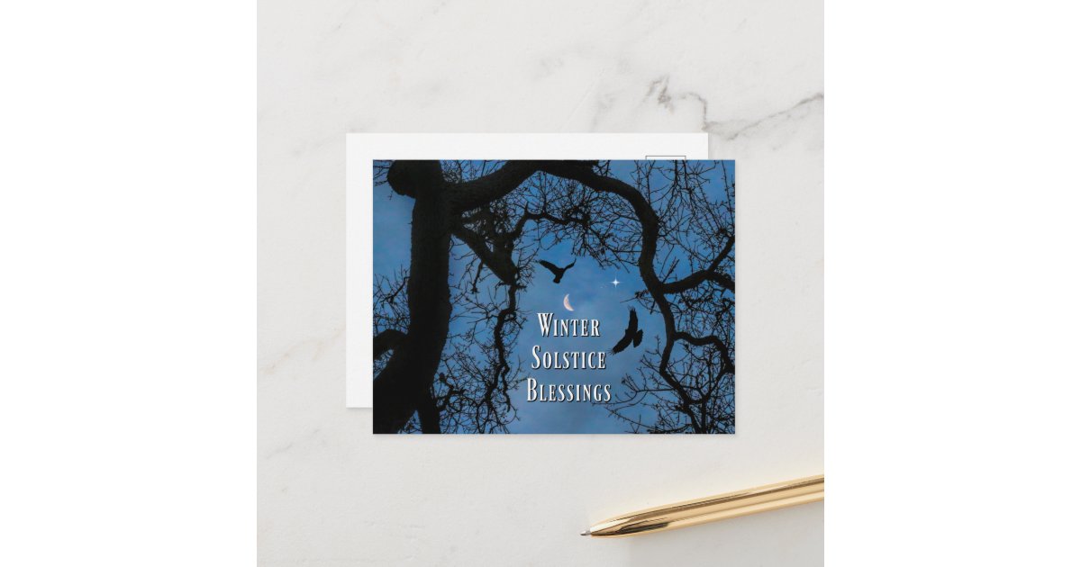 Winter Solstice Blessings Raven Oak Tree Moon Postcard | Zazzle