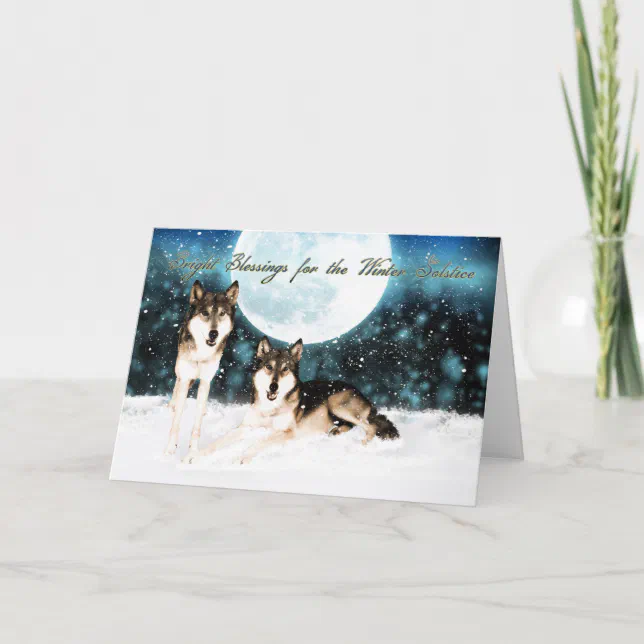 winter solstice greeting card with wolfs and moon | Zazzle
