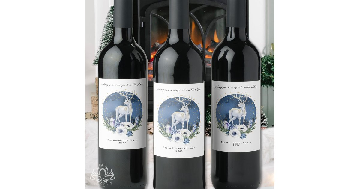 Winter Solstice Holiday Deer Blue White Christmas Wine Label | Zazzle