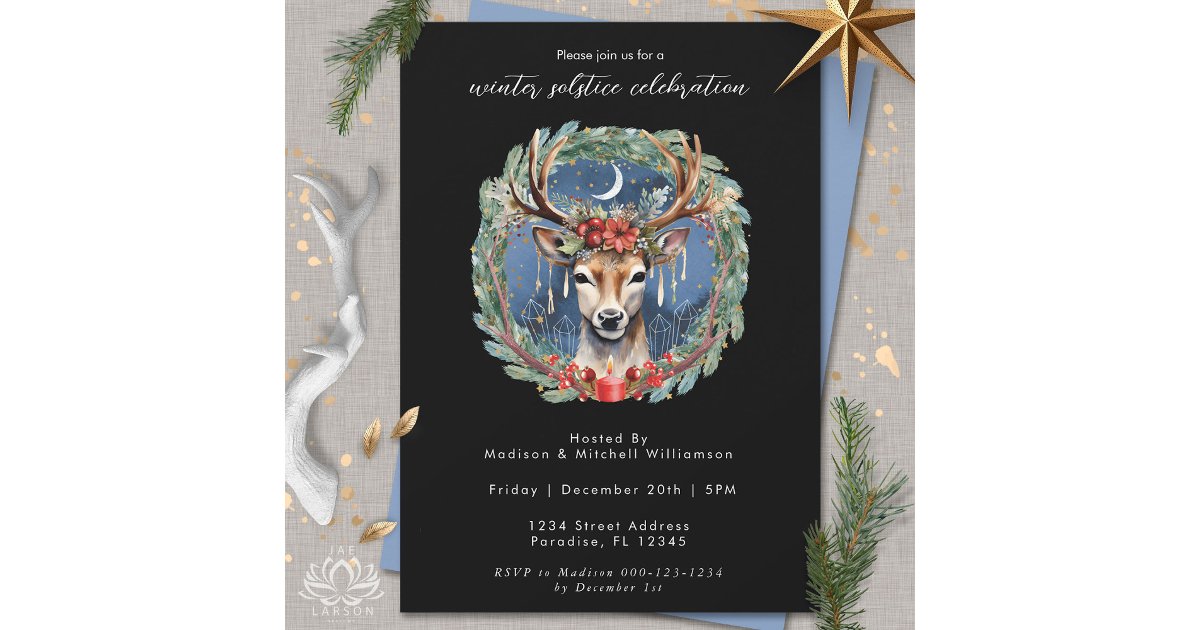 Winter Solstice Holiday Deer Red Berries Christmas Invitation | Zazzle