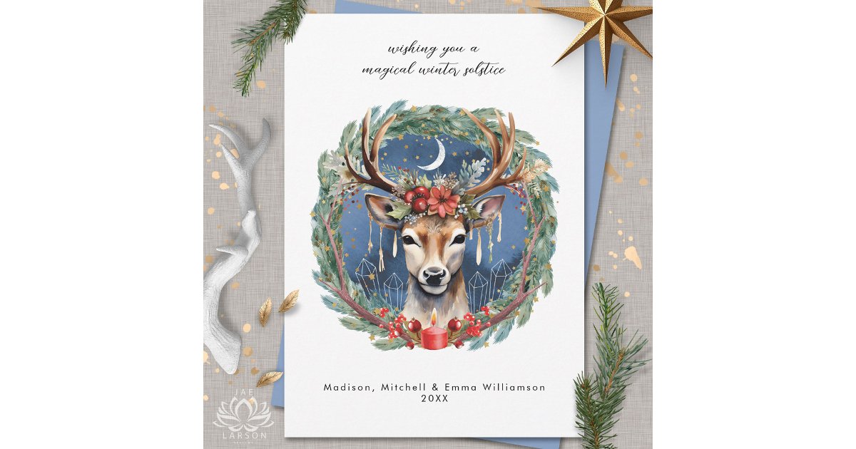 Winter Solstice Holiday Deer Wreath Christmas Card | Zazzle