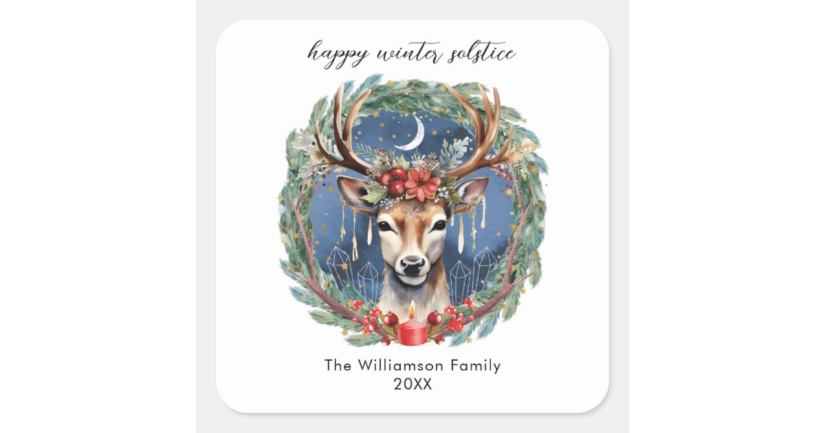Winter Solstice Holiday Deer Wreath Yule Christmas Square Sticker | Zazzle
