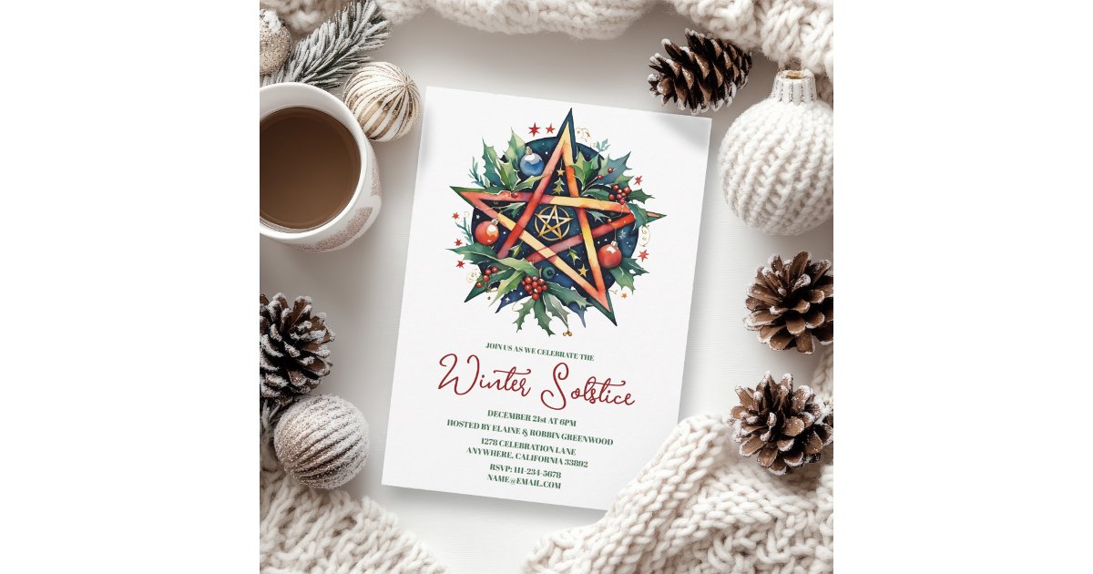 Winter Solstice Holly Yule Pentacle Pagan Invitation | Zazzle