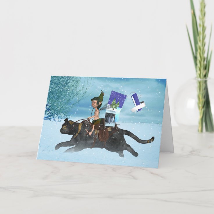 Winter Solstice Woodland Elf On Cat Delivering Sea Holiday Card | Zazzle