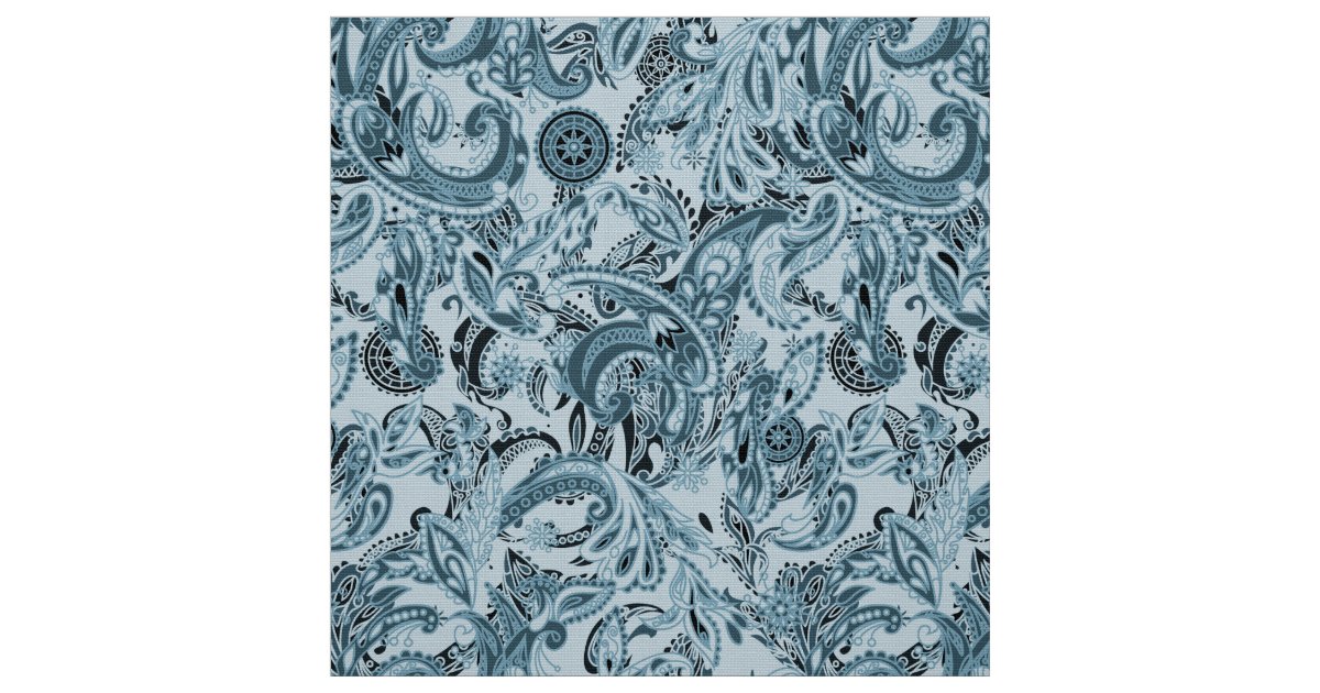 Winter traditional paisley floral blue pattern DIY Fabric | Zazzle