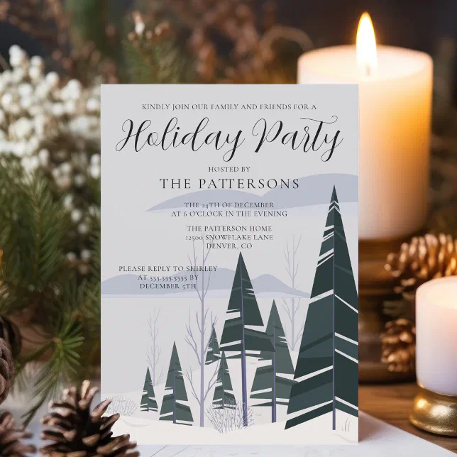 Winter Trees Elegant Green Forest Holiday Party Invitation | Zazzle