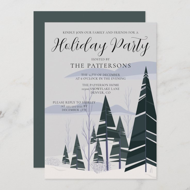 Winter Trees Elegant Green Forest Holiday Party Invitation | Zazzle