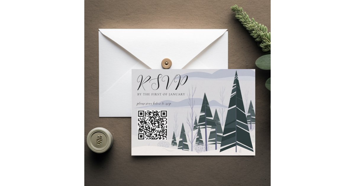 Winter Trees Snow Forest QR Code Wedding Website RSVP Card | Zazzle