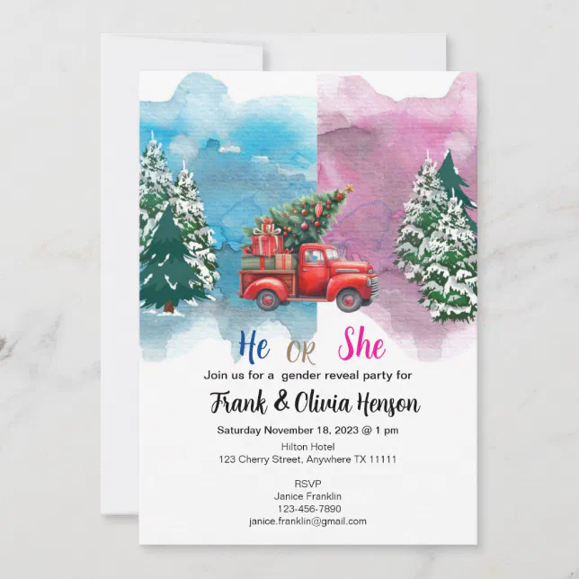 Winter Truck Forest Wonderland Gender Reveal Invitation | Zazzle