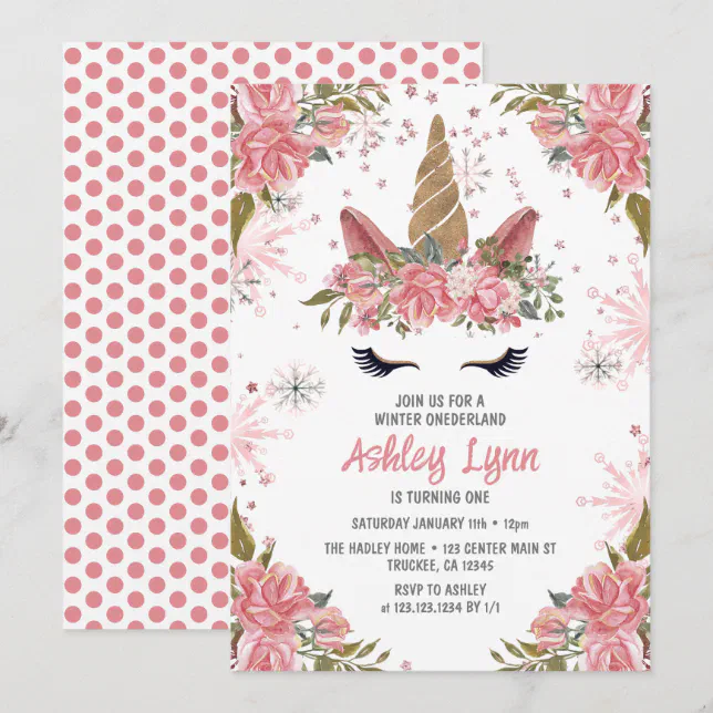 Winter Unicorn 1st Birthday Blush Pink Invitation | Zazzle