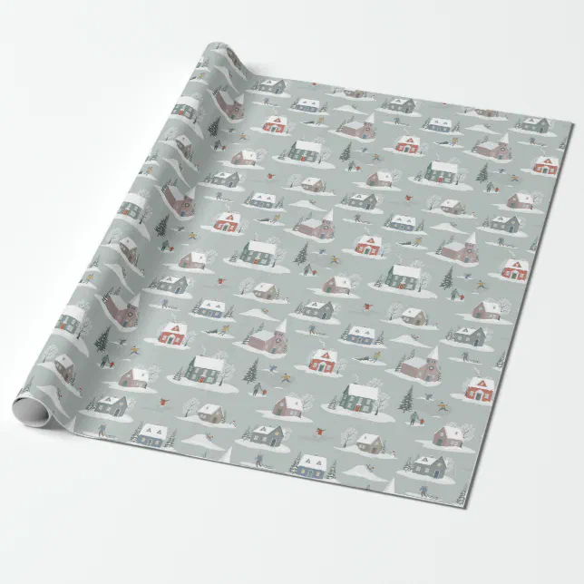 Winter Village Snow Scene Pattern Wrapping Paper | Zazzle