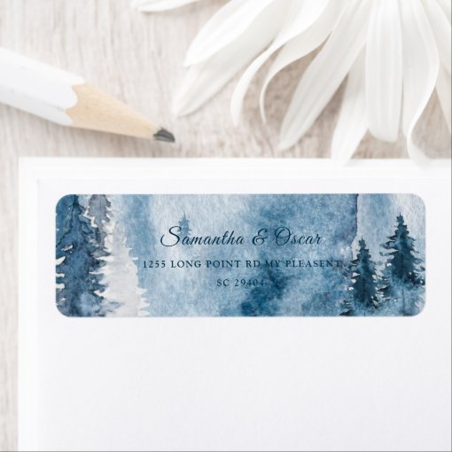 Winter Watercolor Forest & Navy Blue & White Label | Zazzle