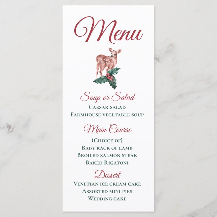 Winter Wedding Menu Christmas Reindeer Red Floral | Zazzle