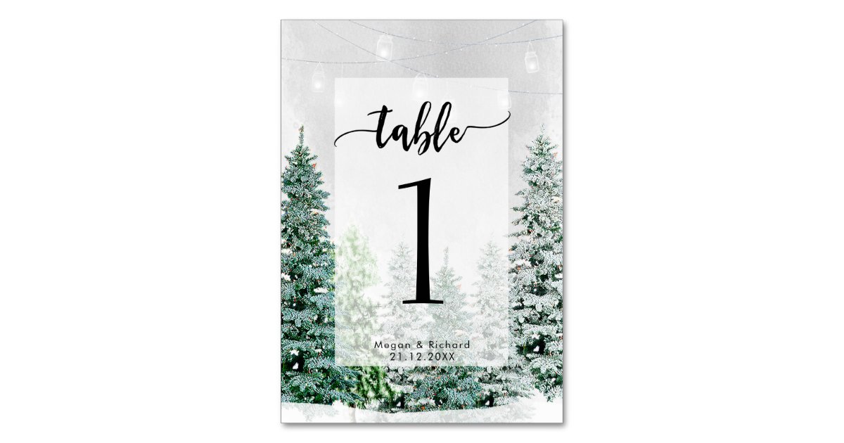 winter wedding rustic snow tree table number cards | Zazzle