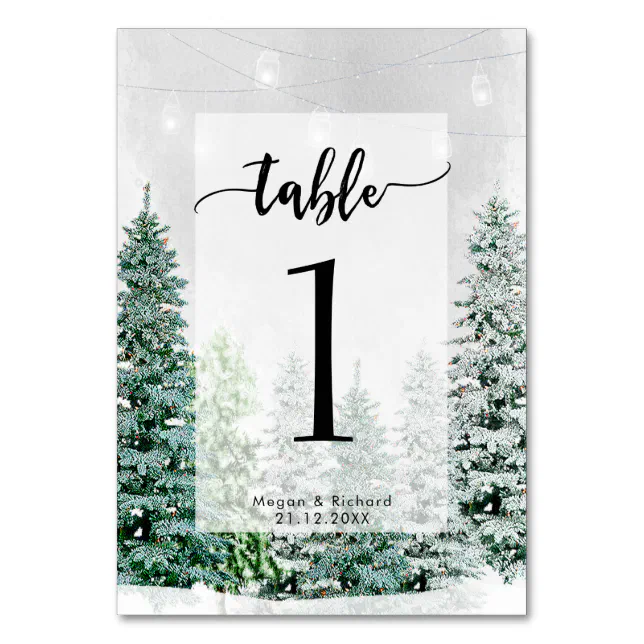 winter wedding rustic snow tree table number cards | Zazzle