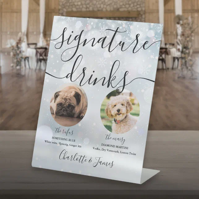 Winter Wedding Script Pet Dog Signature Drinks Pedestal Sign | Zazzle