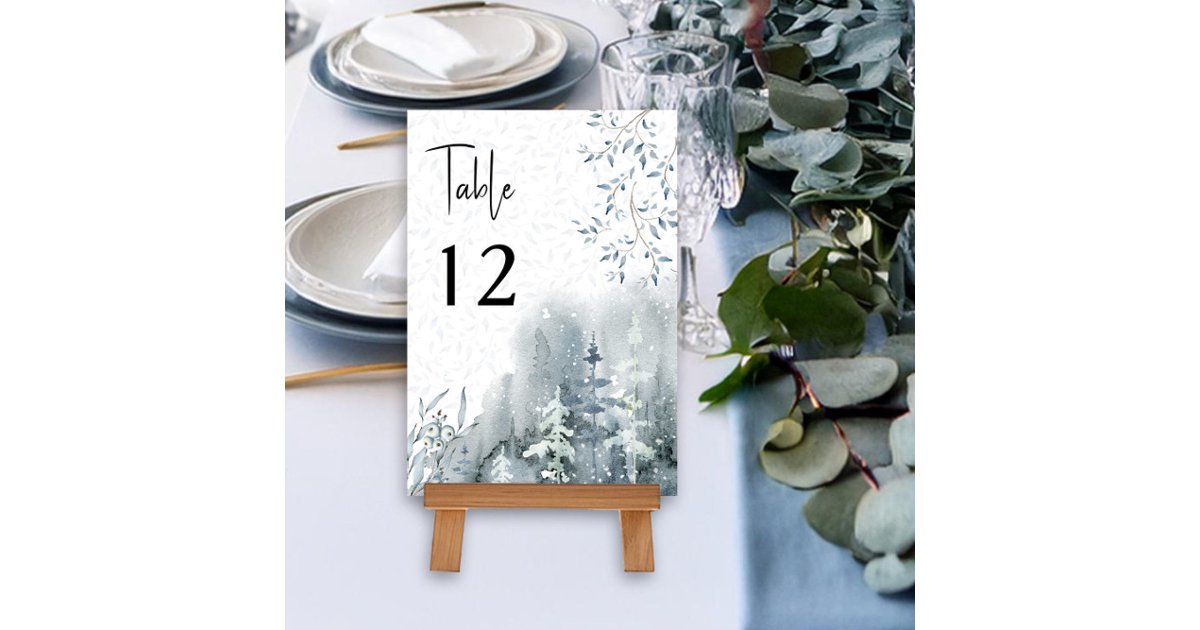 Winter Wedding Watercolor Snow Forest Editable Table Number | Zazzle