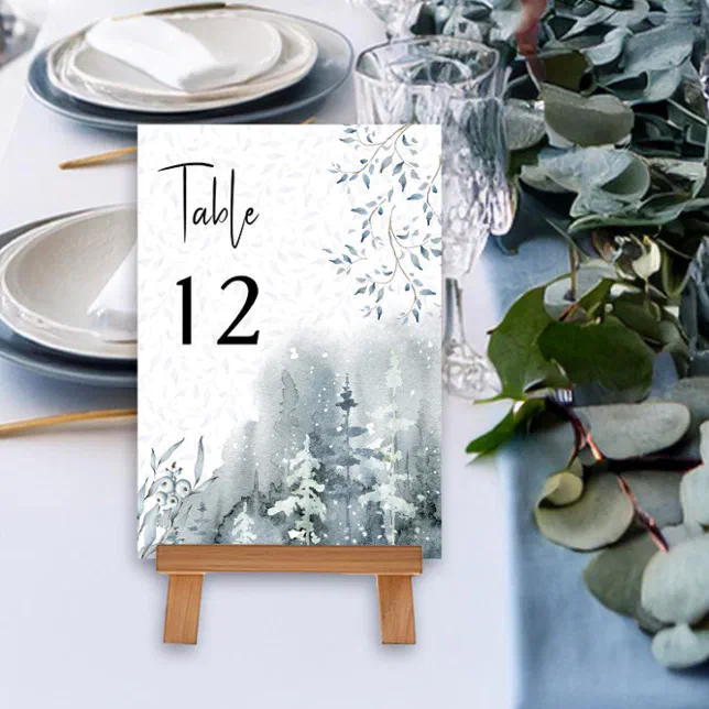 Winter Wedding Watercolor Snow Forest Editable Table Number | Zazzle