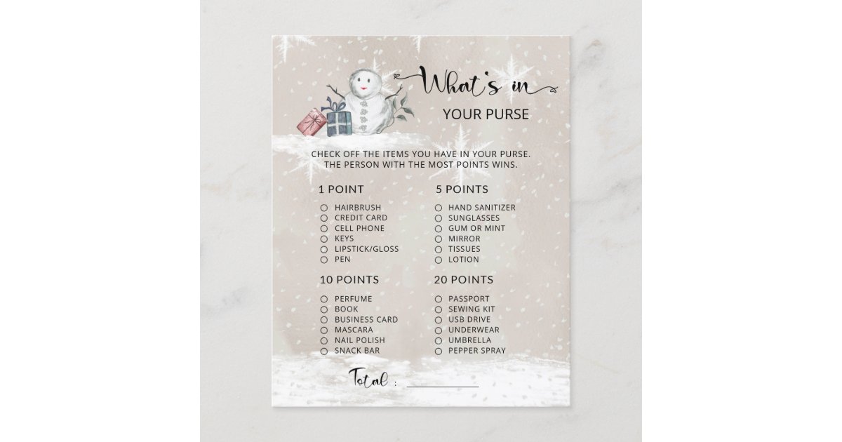 Winter What's in your purse baby shower game | Zazzle