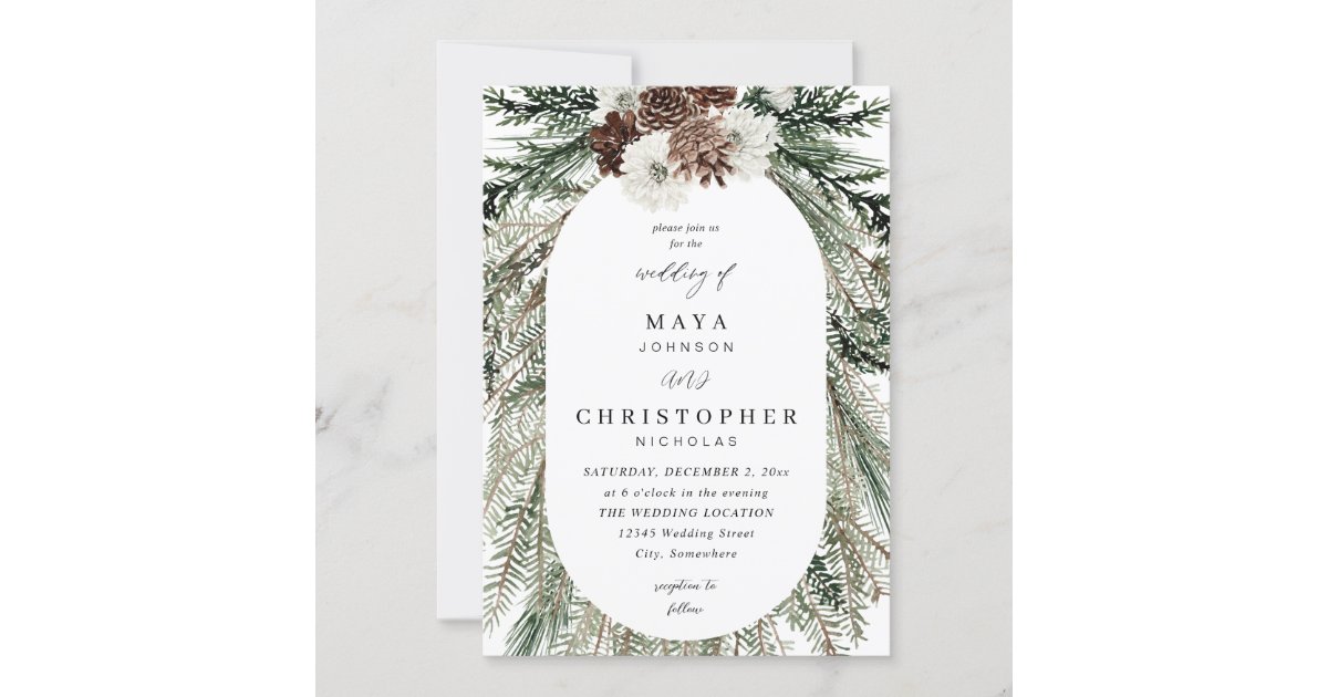 Winter White Floral & Pine 2 Wedding Invitation | Zazzle