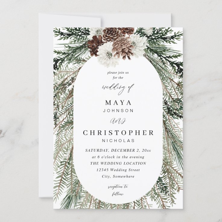 Winter White Floral & Pine 2 Wedding Invitation | Zazzle