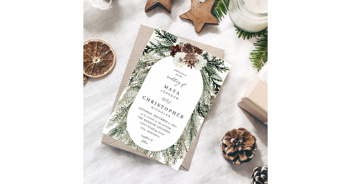 Winter White Floral & Pine 2 Wedding Invitation | Zazzle